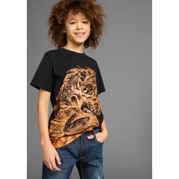 Kidsworld T-Shirt &raquo;GECKO&laquo; Kurzarm, Basic-Passform, bedruckt, Rundhalsausschnitt schwarz 128/134 128/134 Kurzarm T-Shirt mit Gecko-Print