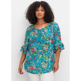 Longbluse sheego by Joe Browns, Damen, Gr. 42, blau (blau gemustert), 100% Viskose, gebl&uuml;mt, gemustert, Rundhals, Blusen Longbluse