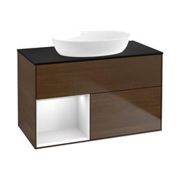Villeroy & Boch Villeroy und Boch Finion Waschtischunterschrank GA12MTGN 100cm, Abdeckplatte black matt, Emotion, Regale White matt lacquer, Walnut veneer