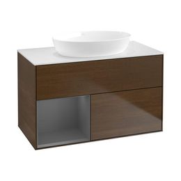 Villeroy & Boch Villeroy und Boch Finion Waschtischunterschrank GA11GKGN 100cm, Abdeckplatte white matt, Emotion, Regale Anthracite matt lacquer, Walnut veneer
