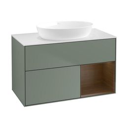 Villeroy & Boch Villeroy und Boch Finion Waschtischunterschrank FA21GNGM 100cm, Abdeckplatte white matt, Regale Walnut Veneer, Olive Matt Lacquer