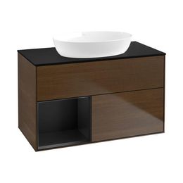 Villeroy & Boch Villeroy und Boch Finion Waschtischunterschrank GA12PDGN 100cm, Abdeckplatte black matt, Emotion, Regale Black matt lacquer, Walnut veneer