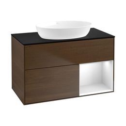 Villeroy & Boch Villeroy und Boch Finion Waschtischunterschrank FA22MTGN 100cm, Abdeckplatte black matt, Regale White matt lacquer, Walnut veneer