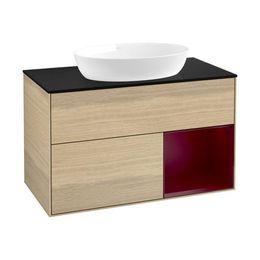 Villeroy & Boch Villeroy und Boch Finion Waschtischunterschrank FA22HBPC 100cm, Abdeckplatte black matt, Regale Peony matt lacquer, Oak Veneer