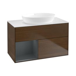 Villeroy & Boch Villeroy und Boch Finion Waschtischunterschrank GA11HGGN 100cm, Abdeckplatte white matt, Emotion, Regale Midnight matt lacquer, Walnut veneer