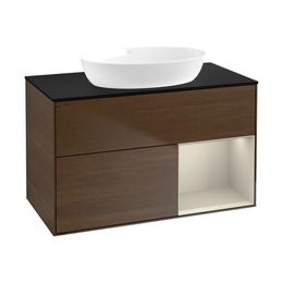 Villeroy & Boch Villeroy und Boch Finion Waschtischunterschrank FA22HHGN 100cm, Abdeckplatte black matt, Regale sand matt lacquer, Walnut veneer