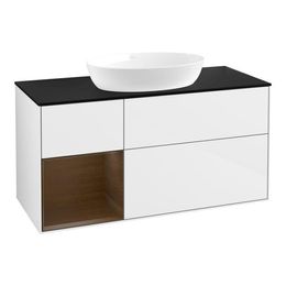 Villeroy & Boch Villeroy und Boch Finion Waschtischunterschrank FA62GNGF 120cm, Abdeckplatte black matt, Regale Walnut Veneer, Glossy white lacquer