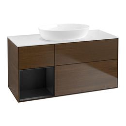 Villeroy & Boch Villeroy und Boch Finion Waschtischunterschrank GA61PDGN 120cm, Abdeckplatte white matt, Emotion, Regale Black matt lacquer, Walnut veneer
