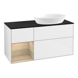 Villeroy & Boch Villeroy und Boch Finion Waschtischunterschrank FA42PCGF 120cm, Abdeckplatte black matt, Regale Oak Veneer, Glossy white lacquer