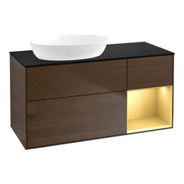 Villeroy & Boch Villeroy und Boch Finion Waschtischunterschrank FA52HFGN 120cm, Abdeckplatte black matt, Regale Gold matt lacquer, Walnut veneer