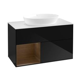 Villeroy & Boch Villeroy und Boch Finion Waschtischunterschrank GA11GNPH 100cm, Abdeckplatte white matt, Emotion, Regale Walnut Veneer, Glossy Black Lacquer