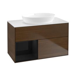 Villeroy & Boch Villeroy und Boch Finion Waschtischunterschrank GA11PHGN 100cm, Abdeckplatte white matt, Emotion, Regale Glossy black lacquer, Walnut veneer