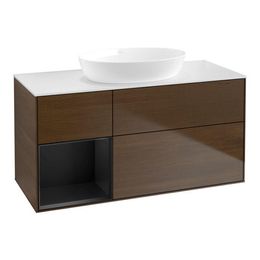 Villeroy & Boch Villeroy und Boch Finion Waschtischunterschrank FA61PDGN 120cm, Abdeckplatte white matt, Regale Black matt lacquer, Walnut veneer