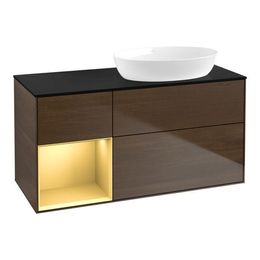 Villeroy & Boch Villeroy und Boch Finion Waschtischunterschrank FA42HFGN 120cm, Abdeckplatte black matt, Regale Gold matt lacquer, Walnut veneer