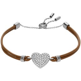 Armband Fossil "Schmuck Geschenk Edelstahl Leder Armschmuck SADIE Herz", braun (edelstahlfarben, braun), Armb&auml;nder, Damen, 21,6cm, Edelstahl Leder, Edelstahl, Leder, Armband