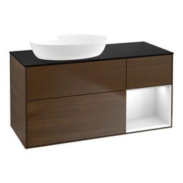 Villeroy & Boch Villeroy und Boch Finion Waschtischunterschrank FA52MTGN 120cm, Abdeckplatte black matt, Regale White matt lacquer, Walnut veneer