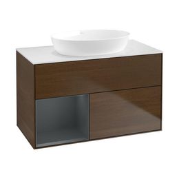 Villeroy & Boch Villeroy und Boch Finion Waschtischunterschrank FA11HGGN 100cm, Abdeckplatte white matt, Regale Midnight matt lacquer, Walnut veneer