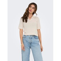 Poloshirt Only "ONLCOSIMA SS STRUCTURE POLO KNT NCA", Damen, Gr. M, beige (birch), Strick, Obermaterial: 63% Polyester, 37% Baumwolle, unifarben, regular fit normal, V-Ausschnitt, Shirts