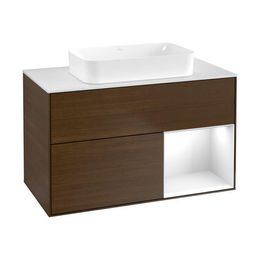 Villeroy & Boch Villeroy und Boch Finion Waschtischunterschrank F661GFGN 100x60,3x50,1cm, Regal rechts Glossy white lacquer, Walnut veneer