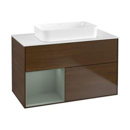 Villeroy & Boch Villeroy und Boch Finion Waschtischunterschrank F651GMGN 100x60,3x50,1cm, Regal links Olive Matt Lacquer, Walnut veneer