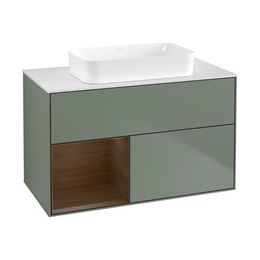 Villeroy & Boch Villeroy und Boch Finion Waschtischunterschrank F651GNGM 100x60,3x50,1cm, Regal links Walnut veneer, Olive Matt Lacquer