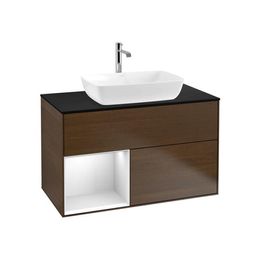 Villeroy & Boch Villeroy und Boch Finion Waschtischunterschrank F772MTGN 100cm, Abdeckplatte black matt, Regale White matt lacquer, Walnut veneer