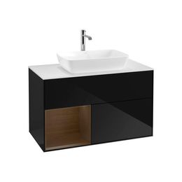 Villeroy & Boch Villeroy und Boch Finion Waschtischunterschrank F771GNPH 100cm, Abdeckplatte white matt, Regale Walnut Veneer, Glossy Black Lacquer