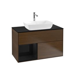 Villeroy & Boch Villeroy und Boch Finion Waschtischunterschrank F772PHGN 100cm, Abdeckplatte black matt, Regale Glossy black lacquer, Walnut veneer