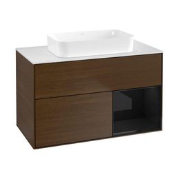Villeroy & Boch Villeroy und Boch Finion Waschtischunterschrank G661PHGN 100x60,3x50,1cm, Regal rechts Glossy Black Lacquer, Walnut veneer