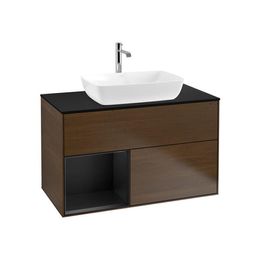 Villeroy & Boch Villeroy und Boch Finion Waschtischunterschrank F772PDGN 100cm, Abdeckplatte black matt, Regale Black matt lacquer, Walnut veneer