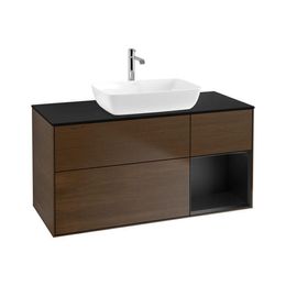 Villeroy & Boch Villeroy und Boch Finion Waschtischunterschrank G832PDGN 120cm, Abdeckplatte black matt, Emotion, Regale Black matt lacquer, Walnut veneer