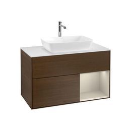 Villeroy & Boch Villeroy und Boch Finion Waschtischunterschrank F781HHGN 100cm, Abdeckplatte white matt, Regale sand matt lacquer, Walnut veneer