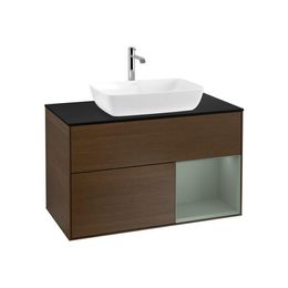 Villeroy & Boch Villeroy und Boch Finion Waschtischunterschrank F782GMGN 100cm, Abdeckplatte black matt, Regale Olive matt lacquer, Walnut veneer