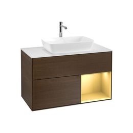 Villeroy & Boch Villeroy und Boch Finion Waschtischunterschrank F781HFGN 100cm, Abdeckplatte white matt, Regale Gold matt lacquer, Walnut veneer