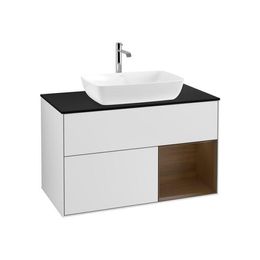 Villeroy & Boch Villeroy und Boch Finion Waschtischunterschrank F782GNMT 100cm, Abdeckplatte black matt, Regale Walnut Veneer, White matt lacquer