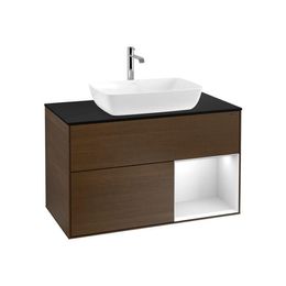 Villeroy & Boch Villeroy und Boch Finion Waschtischunterschrank F782MTGN 100cm, Abdeckplatte black matt, Regale White matt lacquer, Walnut veneer