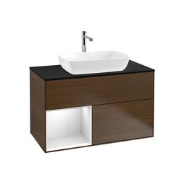 Villeroy & Boch Villeroy und Boch Finion Waschtischunterschrank G772MTGN 100cm, Abdeckplatte black matt, Emotion, Regale White matt lacquer, Walnut veneer