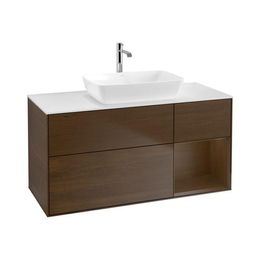 Villeroy & Boch Villeroy und Boch Finion Waschtischunterschrank F831GNGN 120cm, Abdeckplatte white matt, Regale Walnut Veneer, Walnut veneer