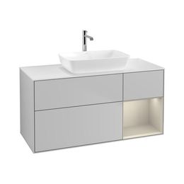 Villeroy & Boch Villeroy und Boch Finion Waschtischunterschrank F831HHGJ 120cm, Abdeckplatte white matt, Regale sand matt lacquer, Light grey matt