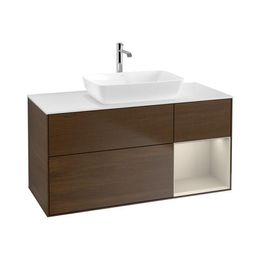 Villeroy & Boch Villeroy und Boch Finion Waschtischunterschrank F831HHGN 120cm, Abdeckplatte white matt, Regale sand matt lacquer, Walnut veneer