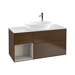 Villeroy & Boch Villeroy und Boch Finion Waschtischunterschrank F941HHGN 120cm, Abdeckplatte white matt, Regale sand matt lacquer, Walnut veneer