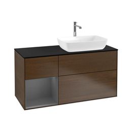 Villeroy & Boch Villeroy und Boch Finion Waschtischunterschrank F802GKGN 120cm, Abdeckplatte black matt, Regale Anthracite matt lacquer, Walnut veneer