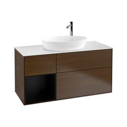Villeroy & Boch Villeroy und Boch Finion Waschtischunterschrank F941PDGN 120cm, Abdeckplatte white matt, Regale Black matt lacquer, Walnut veneer