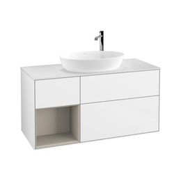 Villeroy & Boch Villeroy und Boch Finion Waschtischunterschrank G941HHGF 120cm, Abdeckplatte white matt, Emotion, Regale sand matt lacquer, Glossy white lacquer