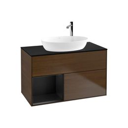 Villeroy & Boch Villeroy und Boch Finion Waschtischunterschrank G892PDGN 100cm, Abdeckplatte black matt, Emotion, Regale Black matt lacquer, Walnut veneer