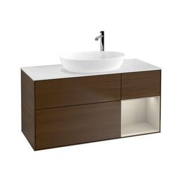 Villeroy & Boch Villeroy und Boch Finion Waschtischunterschrank F951HHGN 120cm, Abdeckplatte white matt, Regale sand matt lacquer, Walnut veneer