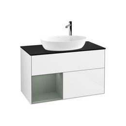 Villeroy & Boch Villeroy und Boch Finion Waschtischunterschrank G892GMGF 100cm, Abdeckplatte black matt, Emotion, Regale Olive matt lacquer, Glossy white lacquer
