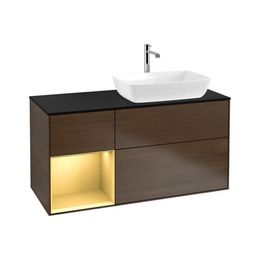 Villeroy & Boch Villeroy und Boch Finion Waschtischunterschrank G802HFGN 120cm, Abdeckplatte black matt, Emotion, Regale Gold matt lacquer, Walnut veneer