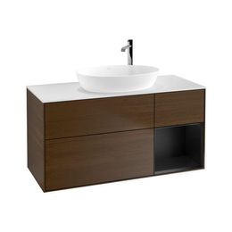 Villeroy & Boch Villeroy und Boch Finion Waschtischunterschrank F951PDGN 120cm, Abdeckplatte white matt, Regale Black matt lacquer, Walnut veneer