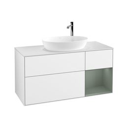 Villeroy & Boch Villeroy und Boch Finion Waschtischunterschrank F951GMGF 120cm, Abdeckplatte white matt, Regale Olive matt lacquer, Glossy white lacquer